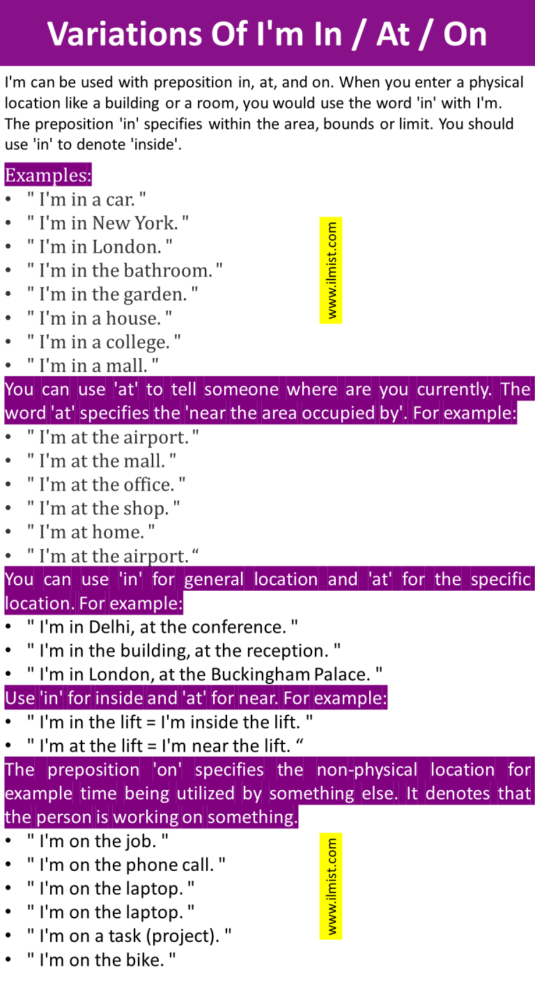 Variations of I'm In/At/On: Usage and Examples In English - ilmist